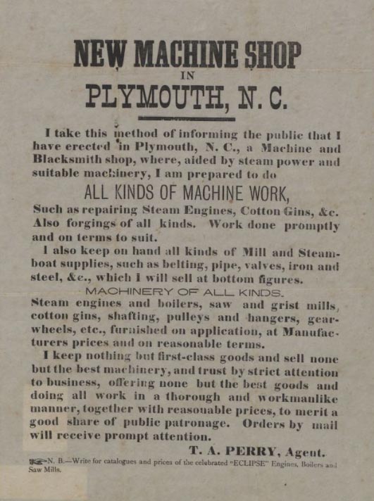 Primary Source: New Machine Shop in Plymouth, N.C.